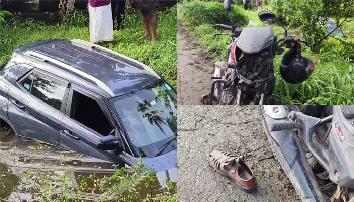 നിയന്ത്രണം വിട്ട കാർ പിന്നോട്ട് നീങ്ങി; ബൈക്ക് യാത്രക്കാരനെ ഇടിച്ചിട്ട് ...